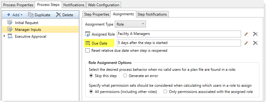 Defining the due date for plan file process steps