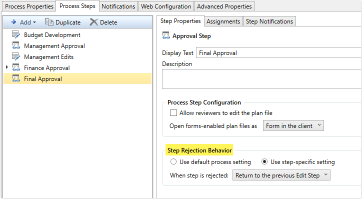 Configuring rejection behavior for a plan file process