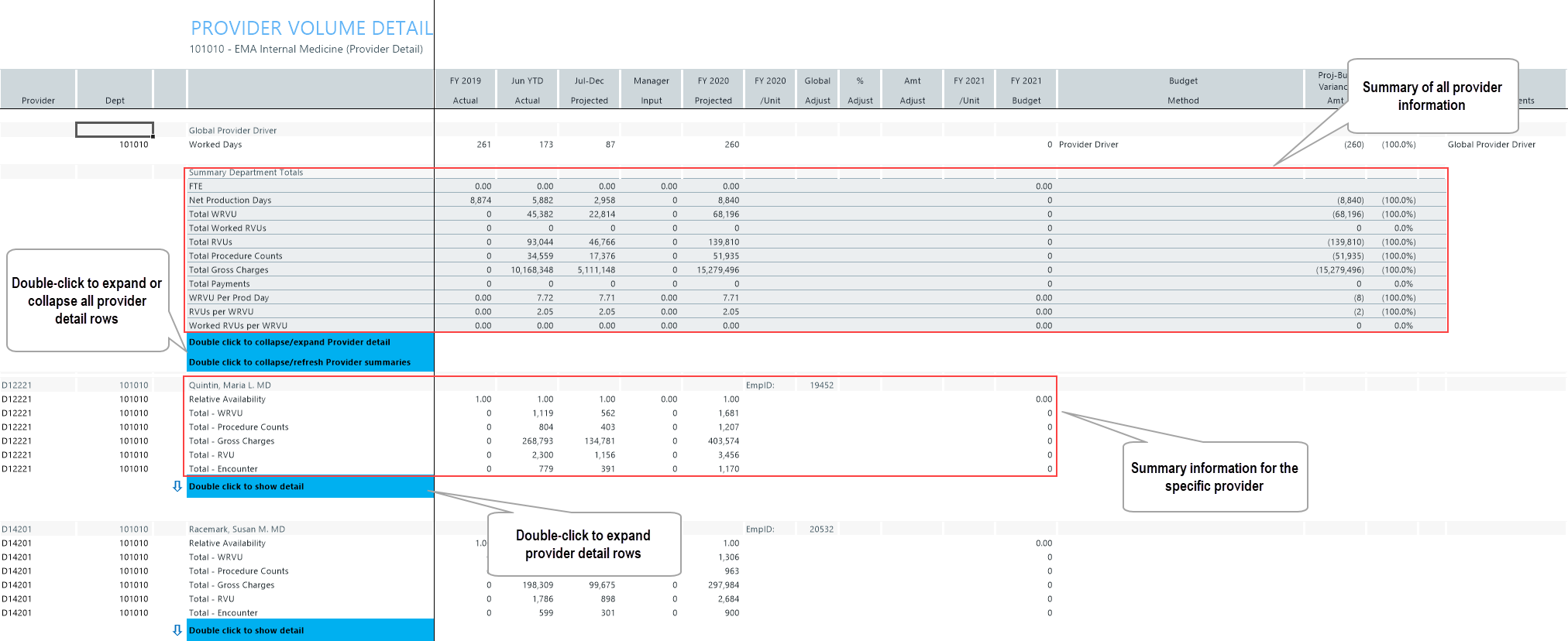 Provider Detail and Provider Summary sheets