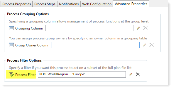 Using a process filter to limit plan files in the process