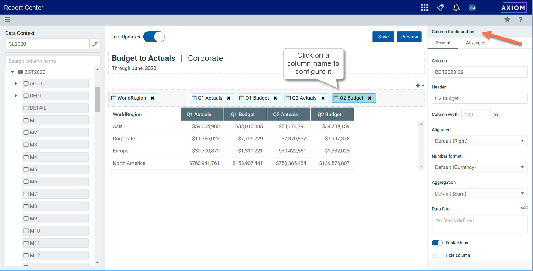 Configuring column properties for a web report
