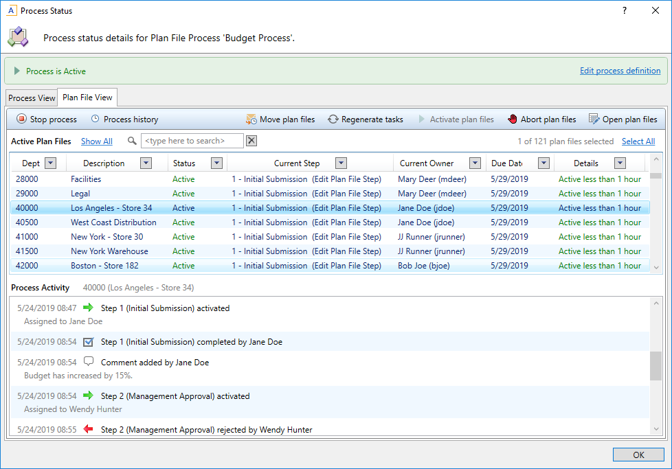 Viewing the status of plan file processes