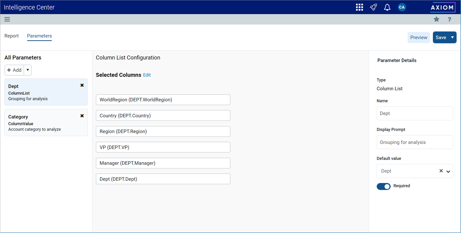 Using Column List report parameters