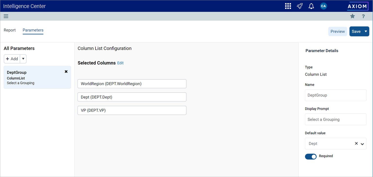 Using Column List report parameters