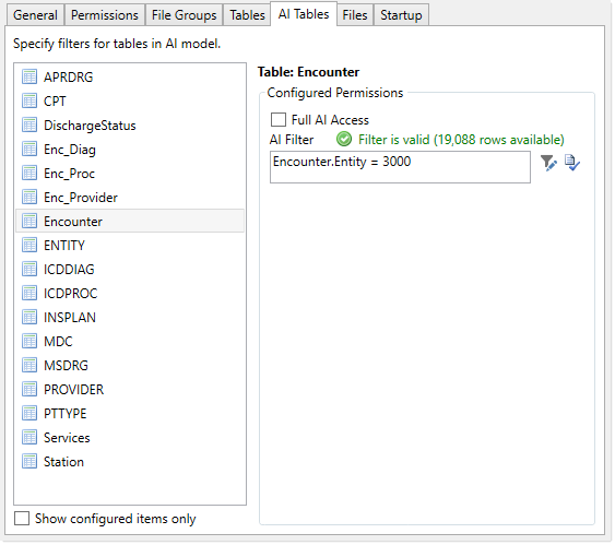 Using the AI Tables tab to manage security for visualization reporting