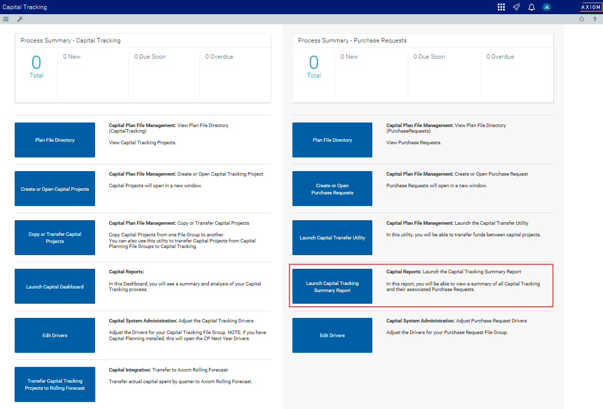 Viewing the Capital Tracking Summary