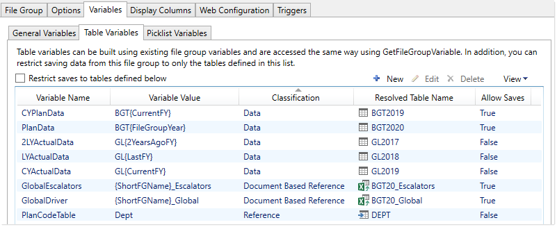 Driver table names and file group variables