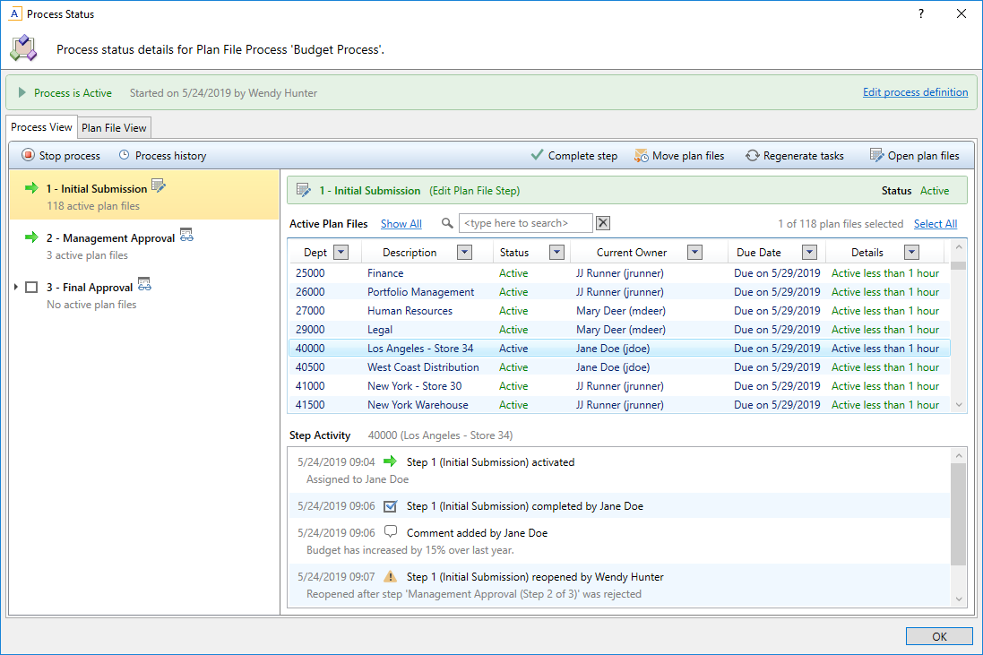Viewing the status of plan file processes