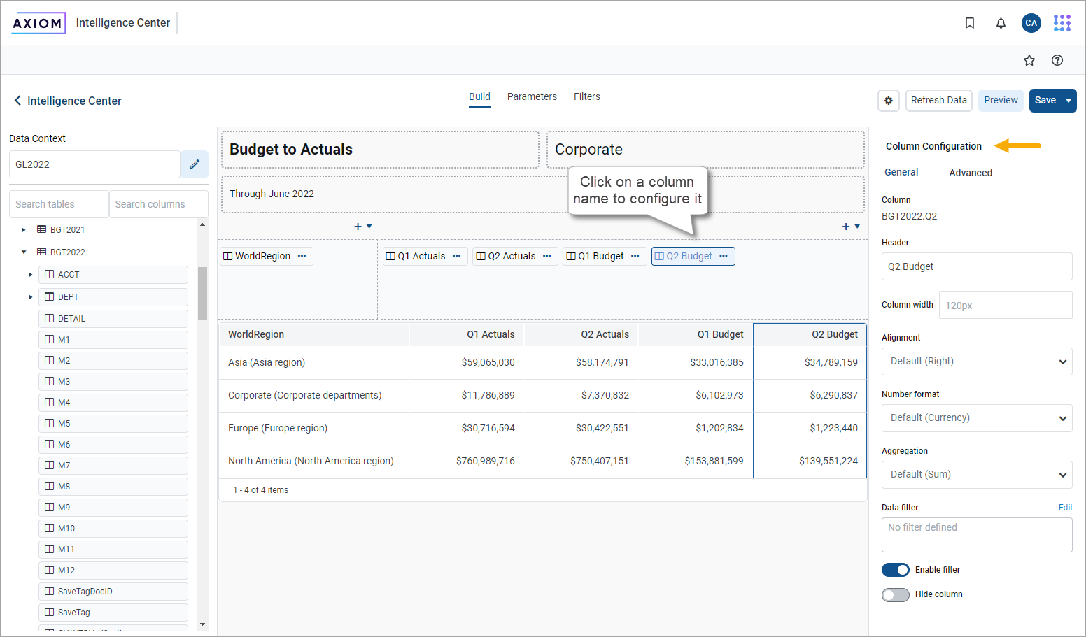 Configuring column properties for a web report