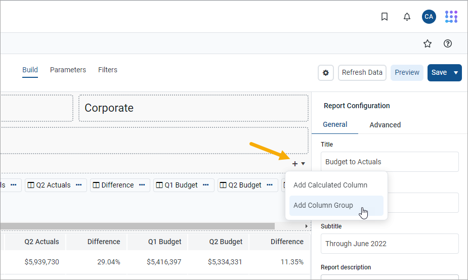 Defining column groups for a web report